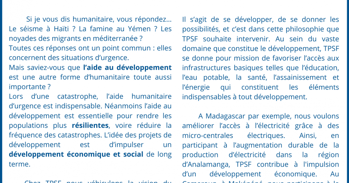 L'aide au développement, une autre forme d'humanitaire ! | TPSF ...